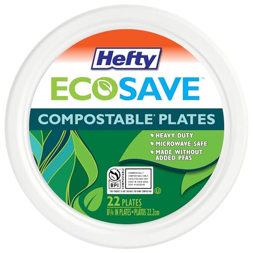 Hefty ECOSAVE Compostable Paper Plates, 8-3/4 Inch, 22 Count