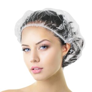 aquior shower cap disposable, 50 pcs bath caps larger thick clear waterproof plastic elastic hair bath caps for women, hotel travel essentials accessories deep conditioning hair care cleaning supplies