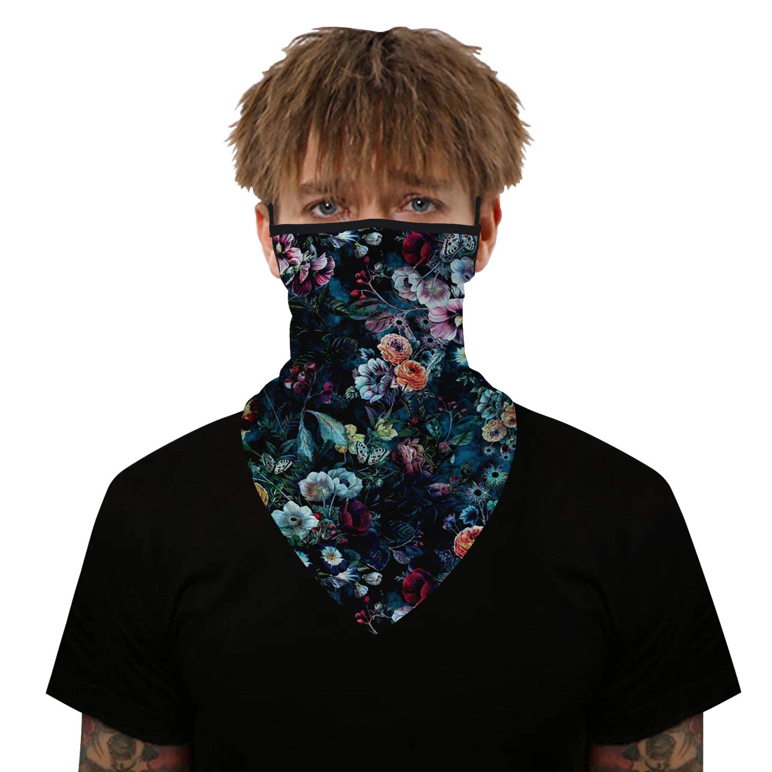 YAYOUREL Colorful Flowers Boho Floral Bandana Neck Gaiter Face Mask Covering Bandanas for Men Women Summer UV Cooling Face Scarf Mask Cover Ear Loop Hole Triangle Facemask Headwear for Fishing Running