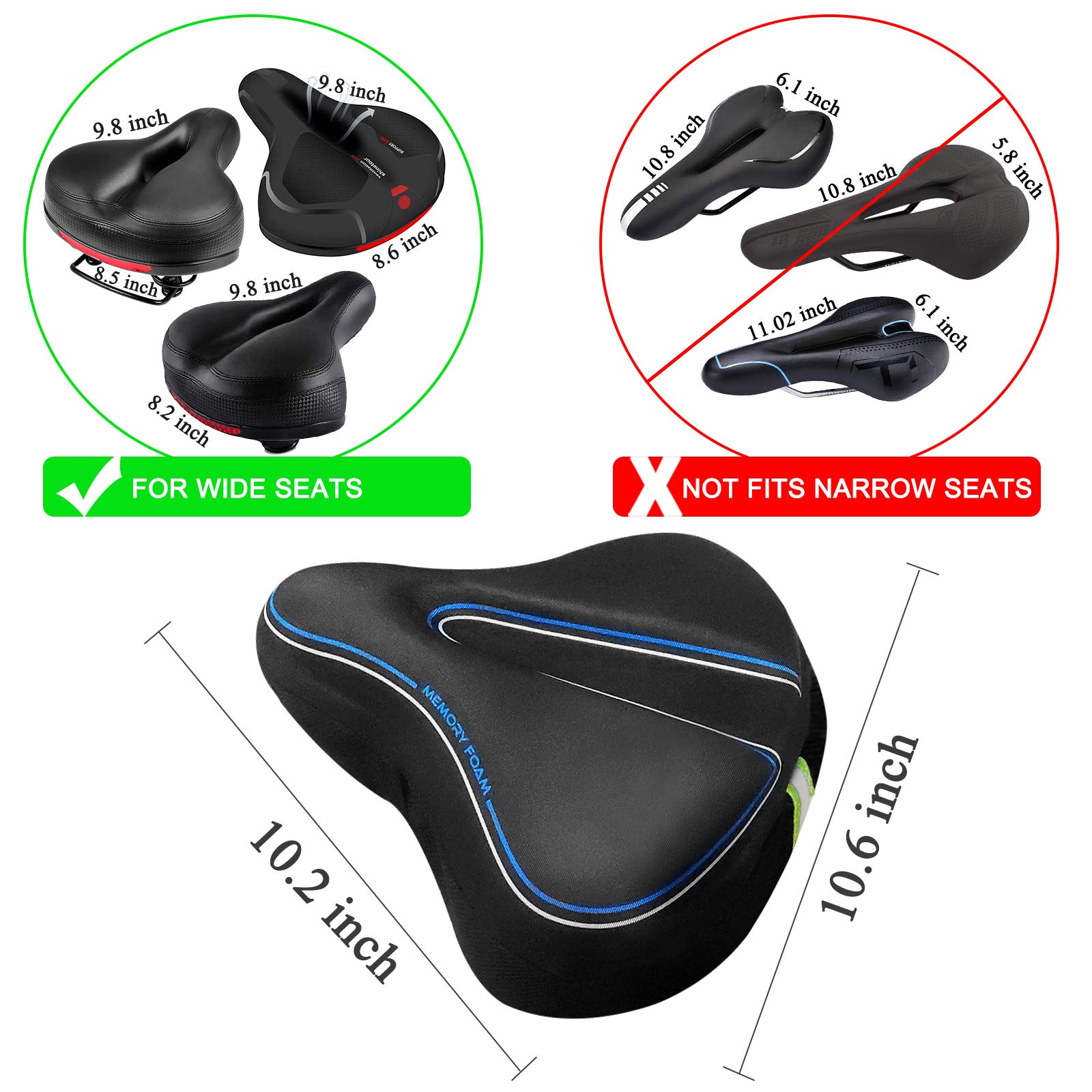 Gincleey Comfortable Bike Seat Cover with Memory Foam Wide Bicycle Saddle Cushion for Women Men Everyone, Fits Exercise, Spin, Stationary, Soft