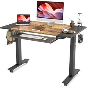 fezibo dual motor height adjustable electric standing desk with keyboard tray, 48 x 24 inch sit stand table with splice board, black frame/black and rustic brown top