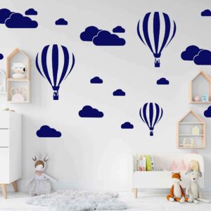 Giant Removable Vinyl 3D Hot air Balloons with Clouds Wall Decals DIY Wall Stickers Nursery Decor Kids Bedroom Art Decoration Girls Rooms Decal Child Sticker Home Walls Decal (White) D952 (Navy Blue)