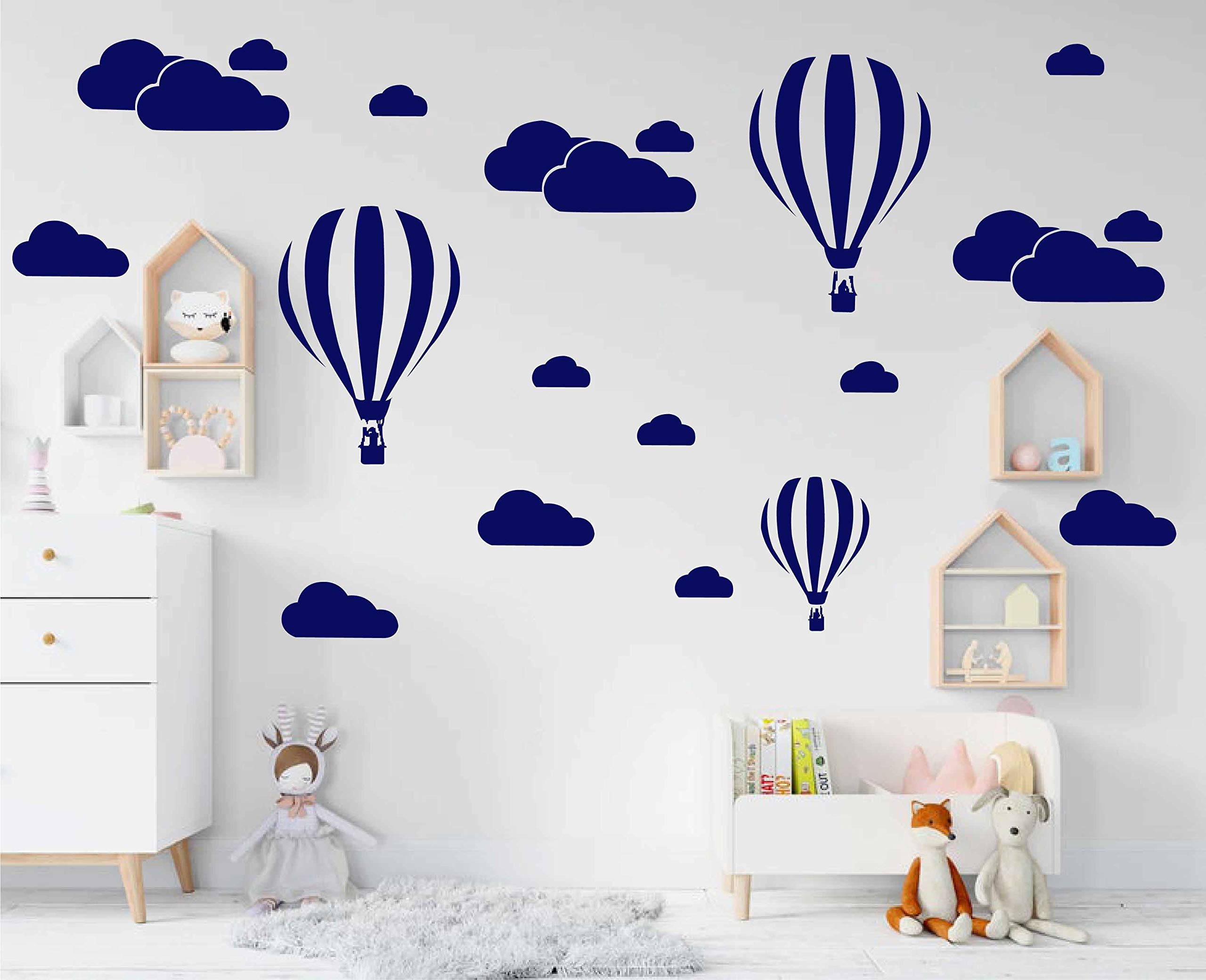 Giant Removable Vinyl 3D Hot air Balloons with Clouds Wall Decals DIY Wall Stickers Nursery Decor Kids Bedroom Art Decoration Girls Rooms Decal Child Sticker Home Walls Decal (White) D952 (Navy Blue)