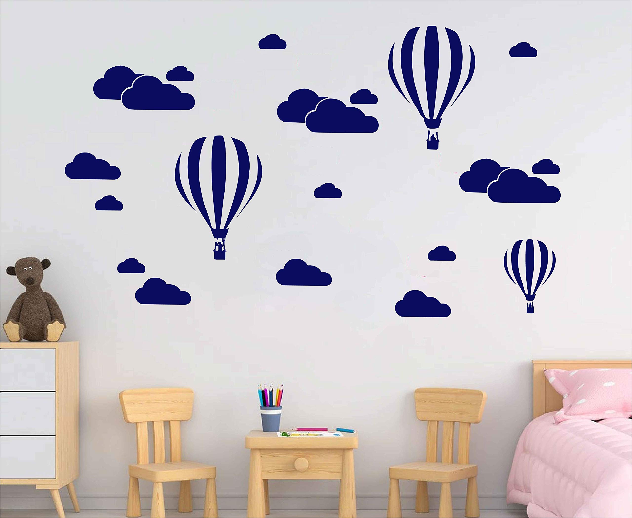 Giant Removable Vinyl 3D Hot air Balloons with Clouds Wall Decals DIY Wall Stickers Nursery Decor Kids Bedroom Art Decoration Girls Rooms Decal Child Sticker Home Walls Decal (White) D952 (Navy Blue)