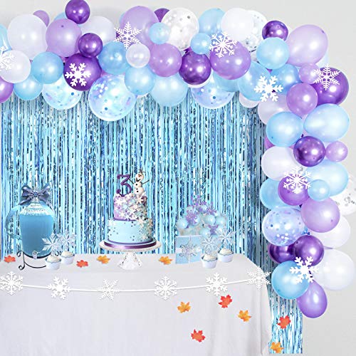 CHRORINE Girl Birthday Party Decorations Supplies, Blue Party Decorations, Snowflake Decorations, 109 pcs Balloons, 2 pcs Blue Foil Curtains, Maple Leaves, Snowflakes