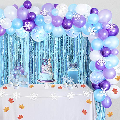 CHRORINE Girl Birthday Party Decorations Supplies, Blue Party Decorations, Snowflake Decorations, 109 pcs Balloons, 2 pcs Blue Foil Curtains, Maple Leaves, Snowflakes