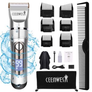 ceenwes professional hair clippers cordless hair trimmer low noise hair cutting kit beard trimmer ipx7 waterproof body hair removal machine with led display hairdressing cape and travel bag