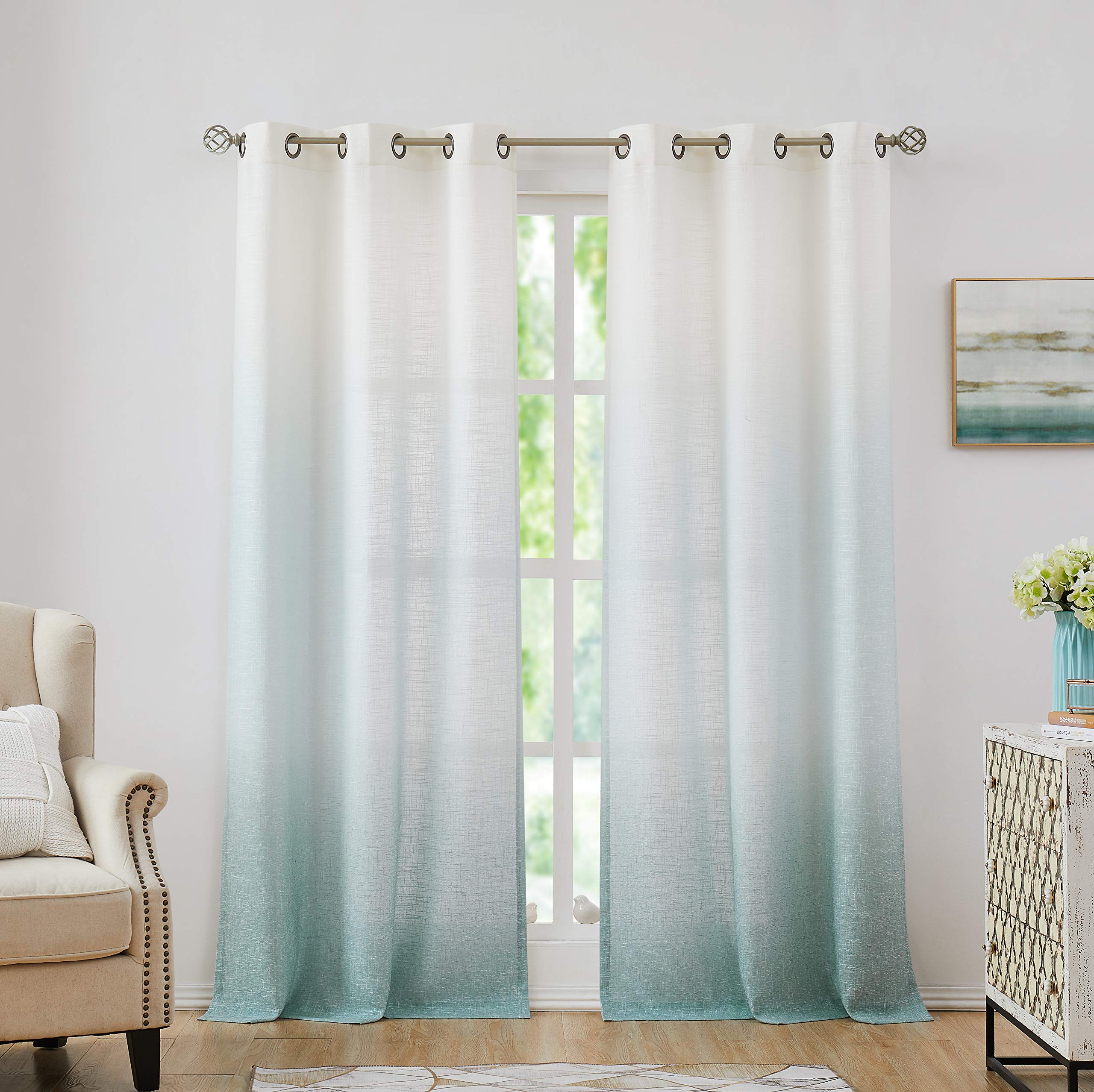 Central Park Ombre Semi Sheer Window Curtain Panel Linen Gradient Print on Rayon Blend Fabric Drapery Treatments for Living Room/Bedroom, Cream White to Aqua Blue, 40" x 84", Set of 2