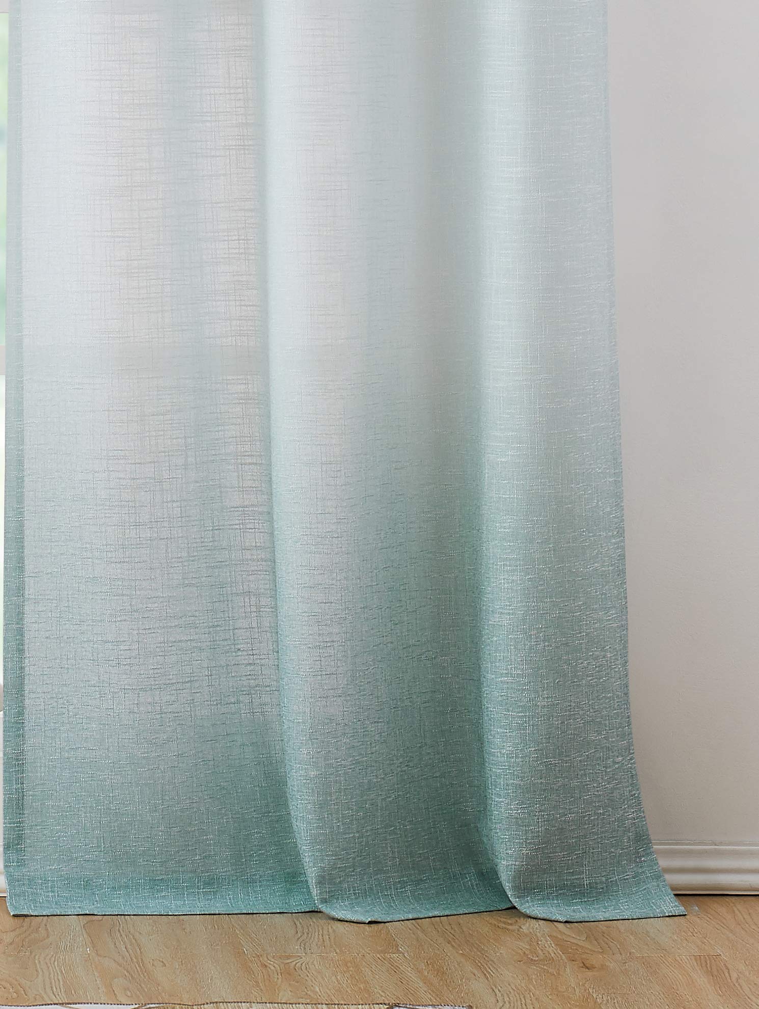 Central Park Ombre Semi Sheer Window Curtain Panel Linen Gradient Print on Rayon Blend Fabric Drapery Treatments for Living Room/Bedroom, Cream White to Aqua Blue, 40" x 84", Set of 2