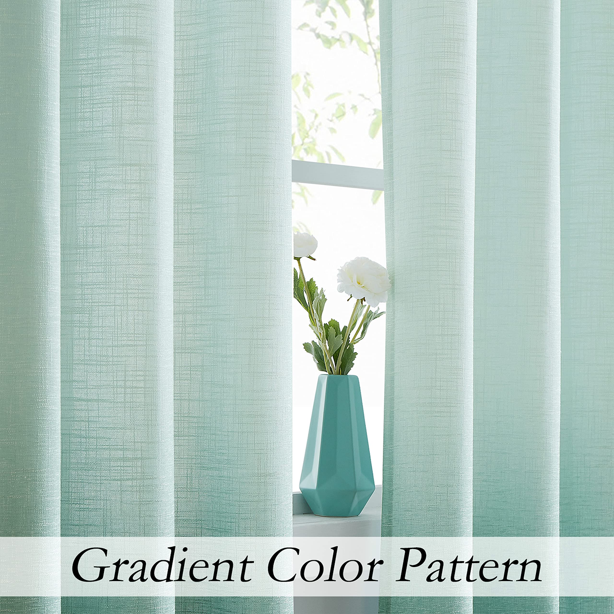 Central Park Ombre Semi Sheer Window Curtain Panel Linen Gradient Print on Rayon Blend Fabric Drapery Treatments for Living Room/Bedroom, Cream White to Aqua Blue, 40" x 84", Set of 2