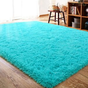 iseau fluffy rug carpets soft shaggy area rug indoor floor rugs for kids room fuzzy carpet comfy cute nursery rug bedside rug for boys girls bedroom living room home decor mat, 5ft x 8ft, teal blue