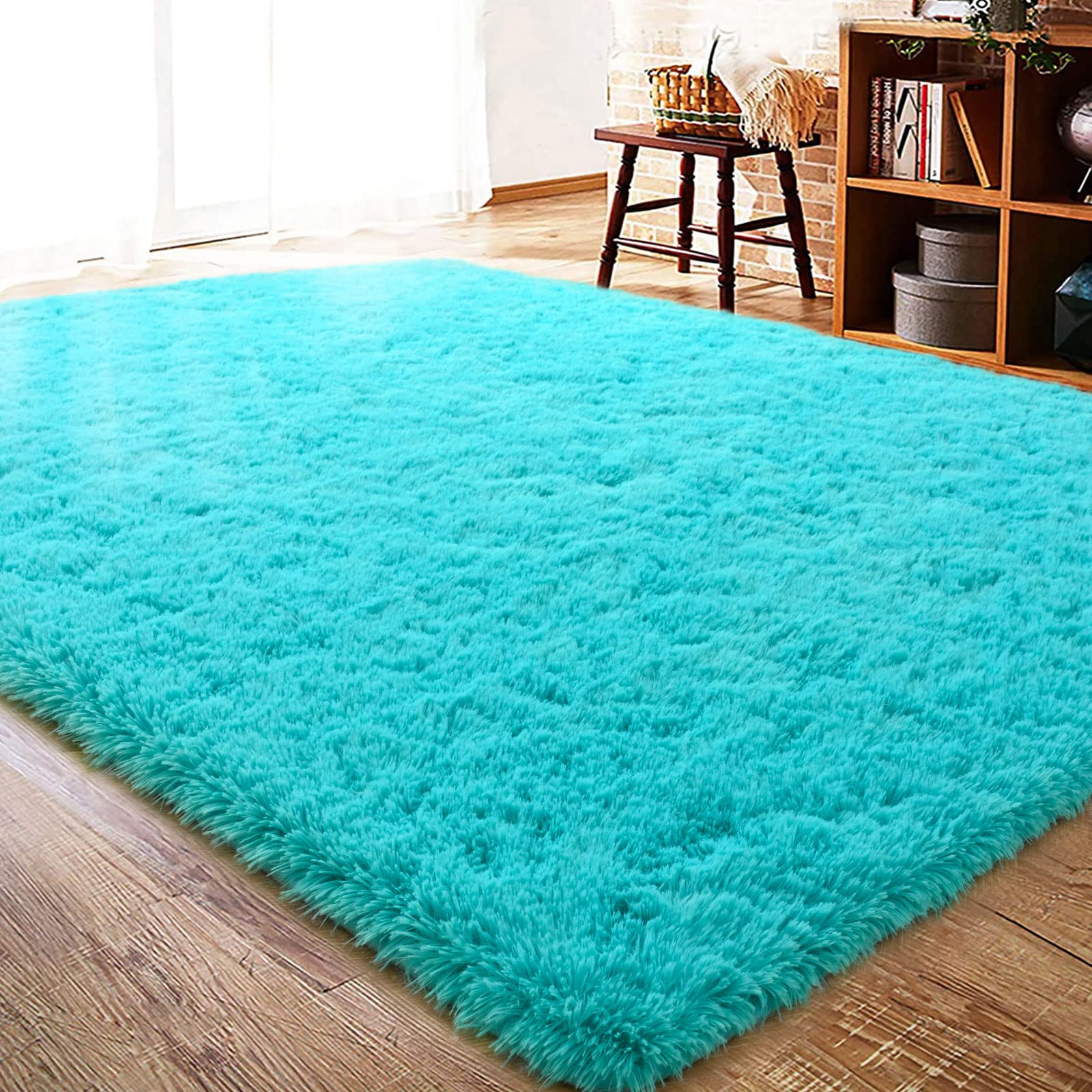 ISEAU Fluffy Rug Carpets Soft Shaggy Area Rug Indoor Floor Rugs for Kids Room Fuzzy Carpet Comfy Cute Nursery Rug Bedside Rug for Boys Girls Bedroom Living Room Home Decor Mat, 5ft x 8ft, Teal Blue