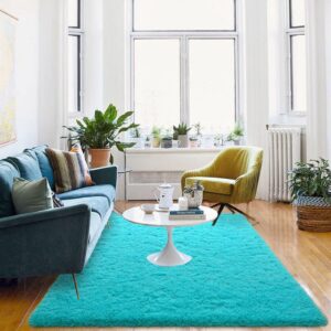 ISEAU Fluffy Rug Carpets Soft Shaggy Area Rug Indoor Floor Rugs for Kids Room Fuzzy Carpet Comfy Cute Nursery Rug Bedside Rug for Boys Girls Bedroom Living Room Home Decor Mat, 5ft x 8ft, Teal Blue