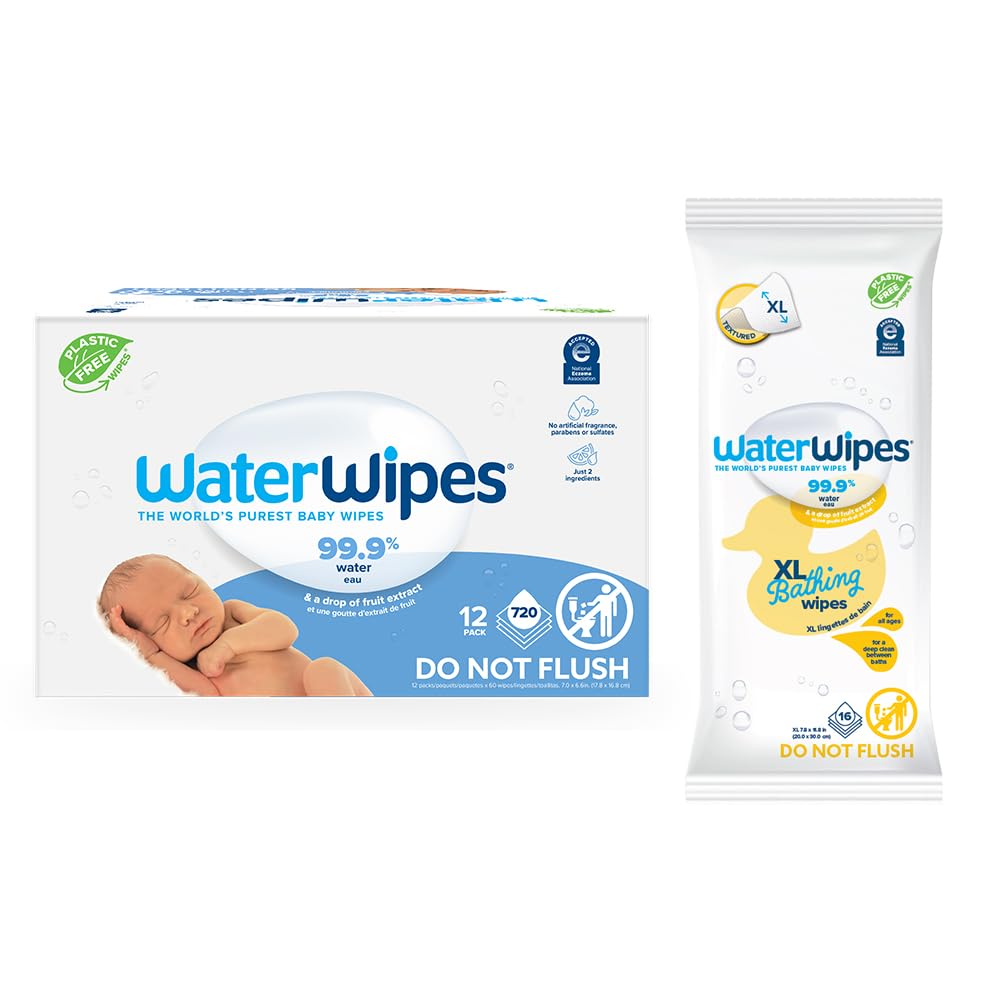 WaterWipes Bundle, Original 720 Count (12 packs) & XL Bathing Wipes 16 Count (1 pack), Plastic-Free, 99.9% Water Based Wipes, Unscented, Hypoallergenic for Sensitive Skin, Packaging May Vary