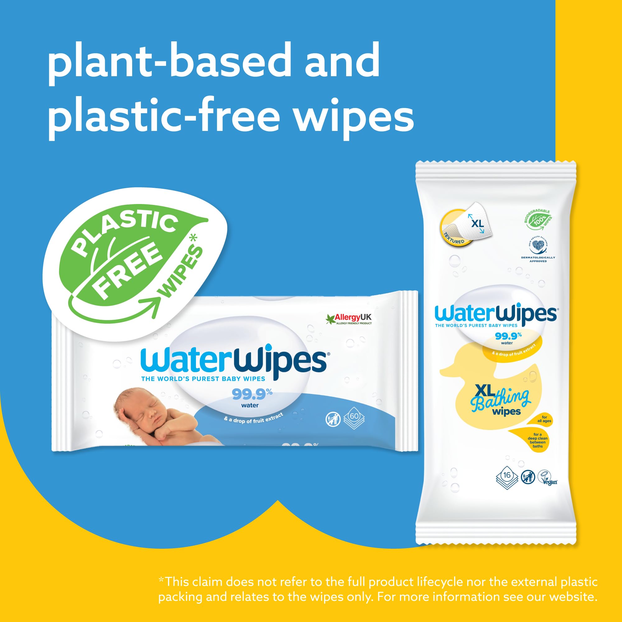 WaterWipes Bundle, Original 720 Count (12 packs) & XL Bathing Wipes 16 Count (1 pack), Plastic-Free, 99.9% Water Based Wipes, Unscented, Hypoallergenic for Sensitive Skin, Packaging May Vary