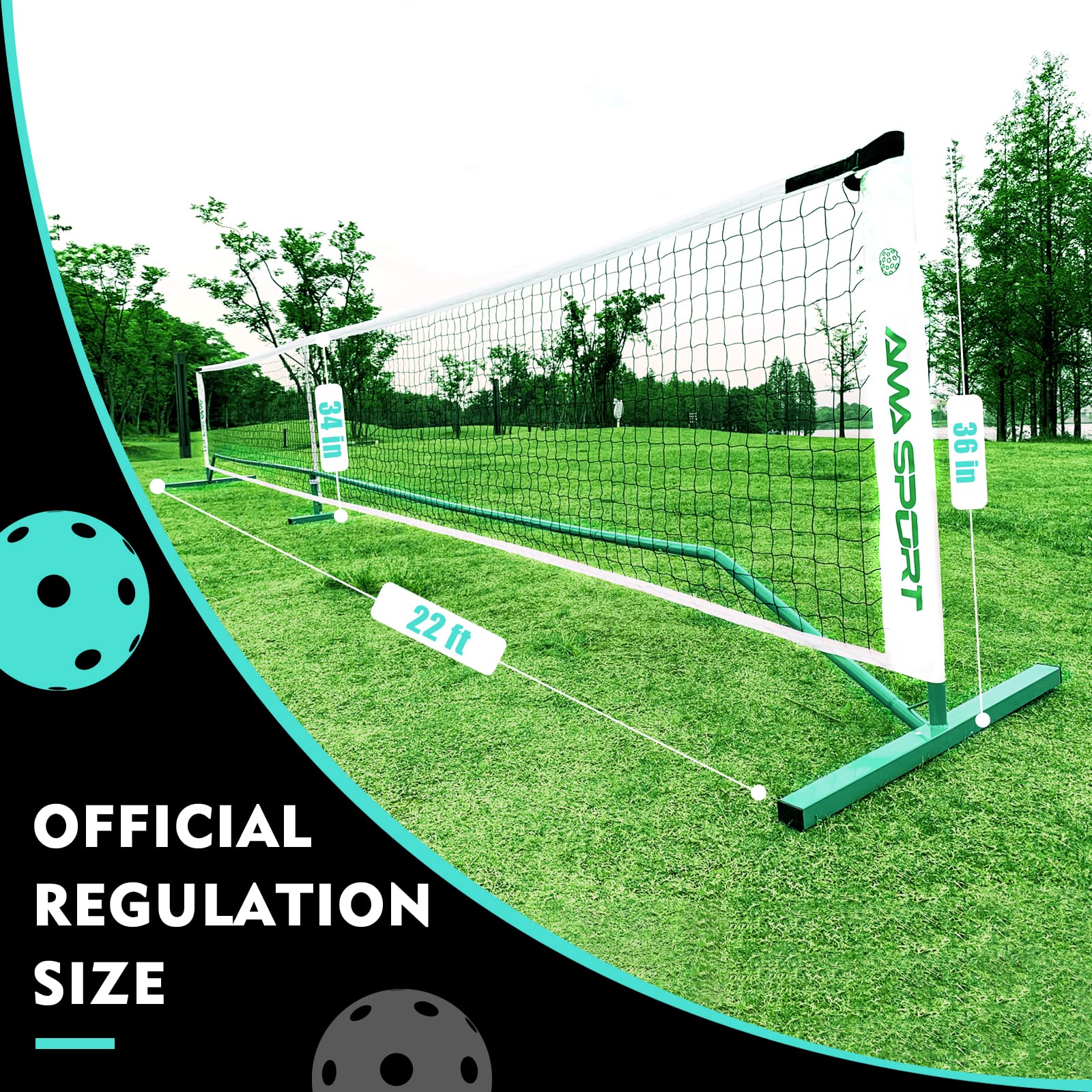 AMA SPORT Portable Pickleball Net System Regulation Size Net 22FT for Indoor and Outdoor-Designed for All Weather Conditions-Powder Coated Steel Post-600D Driveway Bag