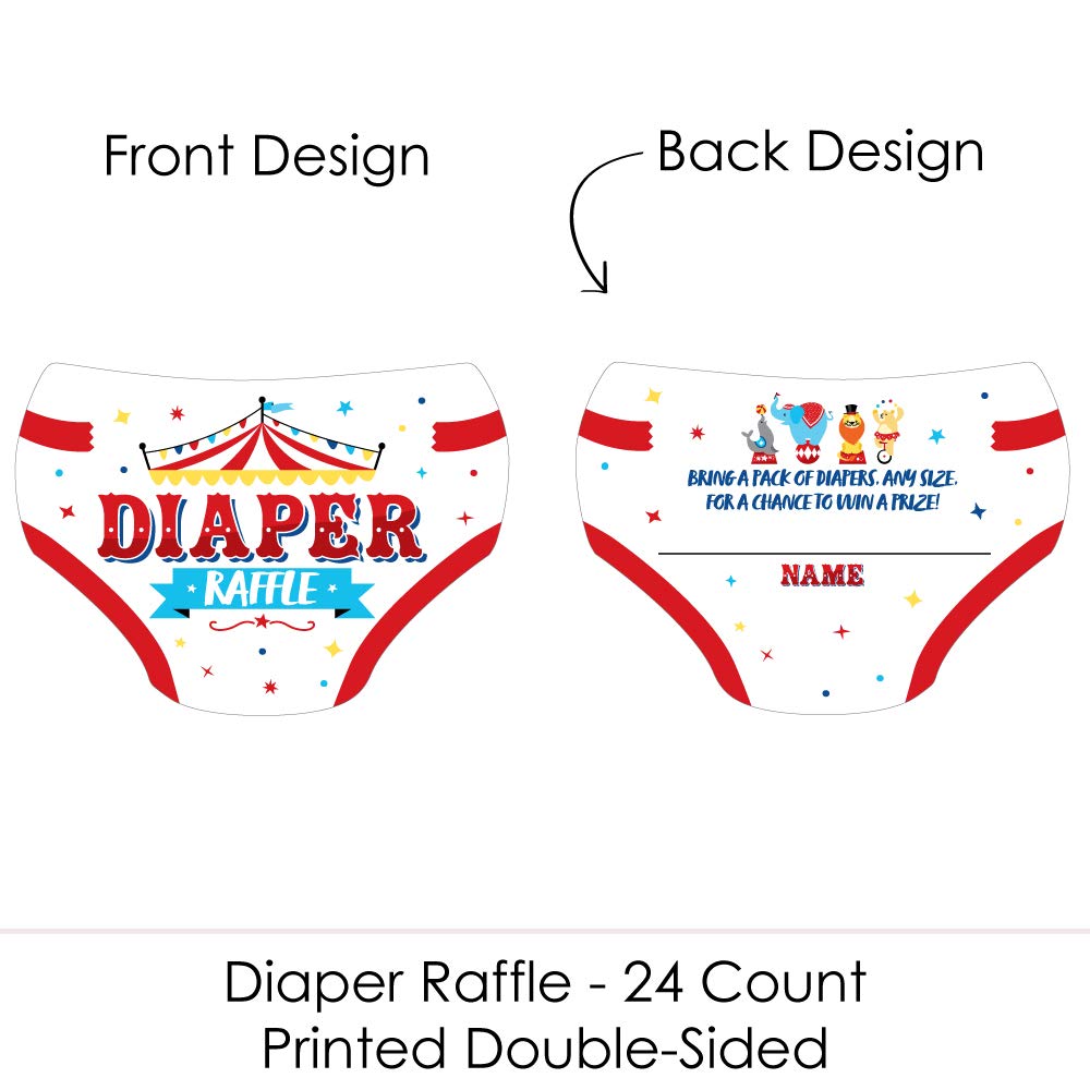 Big Dot of Happiness Carnival - Step Right Up Circus - Diaper Shaped Raffle Ticket Inserts - Carnival Themed Baby Shower Activities - Diaper Raffle Game - Set of 24