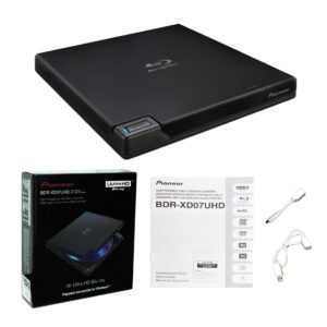 produplicator pioneer bdr-xd07uhd portable 6x ultra hd 4k blu-ray burner external drive bundle with cyberlink software download installation code and usb cable - burns cd dvd bd dl bdxl discs