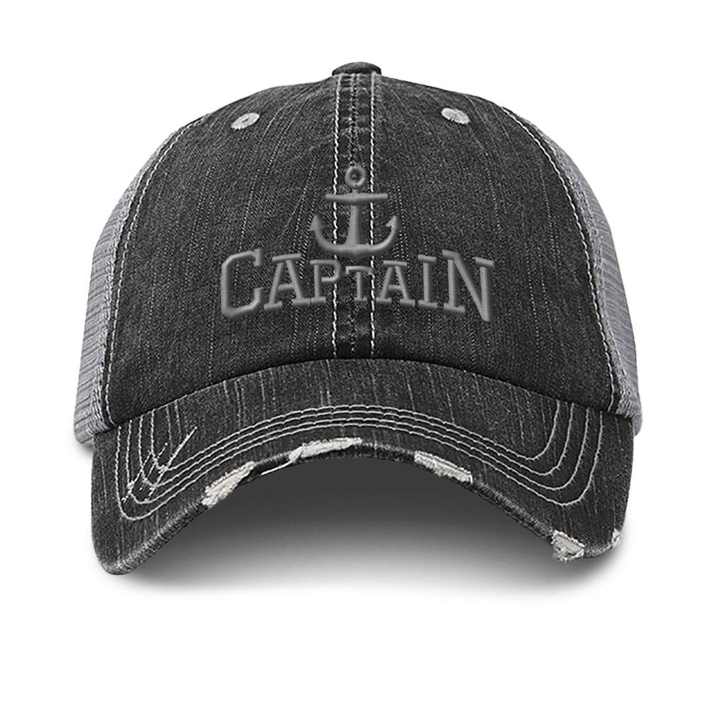 Distressed Trucker Hat Captain Boat B Embroidery for Men & Women Black Gray