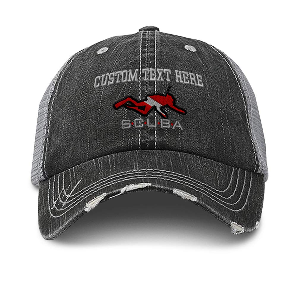 Custom Distressed Trucker Hat Sport Scuba Diving Diver Flag Embroidery Cotton for Men & Women Strap Closure Black Gray Personalized Text Here