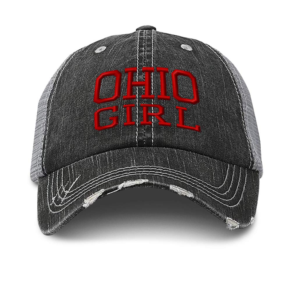 Custom Distressed Trucker Hat Ohio Girl State USA America Embroidery Cotton for Men & Women Strap Closure Black Gray Design Only