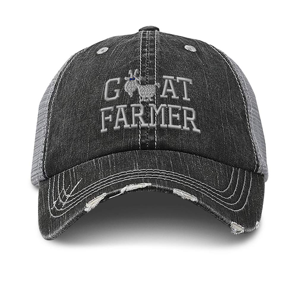 Distressed Trucker Hat Goat Farmer B Embroidery for Men & Women Black Gray