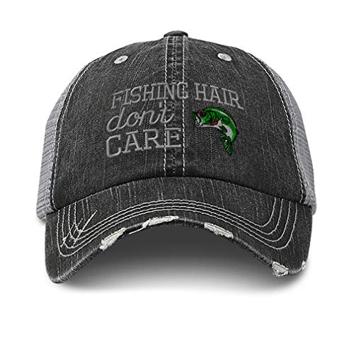 Speedy Pros Distressed Trucker Hat Fishing Hair Don't Care Embroidery Cotton for Men & Women Black Gray