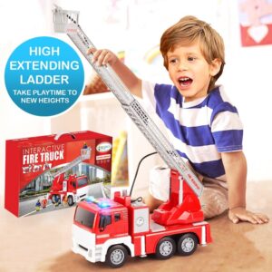 FUNERICA Fire Truck with Water Hose Pump, Flashing Lights, Siren Sounds, Extending Ladder, 5 Fireman, Firefighter Figures, Powered Firetruck Engine, Best Toy Gift for Toddlers, Kids, Boys, and Girls