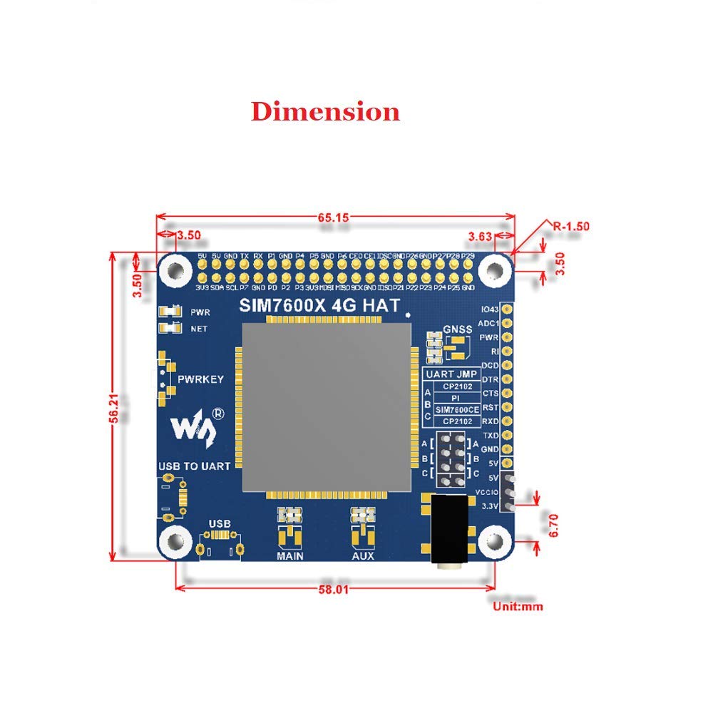 4G/3G/2G/GSM/GPRS/GNSS HAT Module for Raspberry Pi /4B/3B+3B/2B/Zero/Zero W/Zero WH/Jetson Nano Based on SIM7600G-H Support LTE CAT4 up to 150Mbps for Downlink Data Transfer,the Global Version