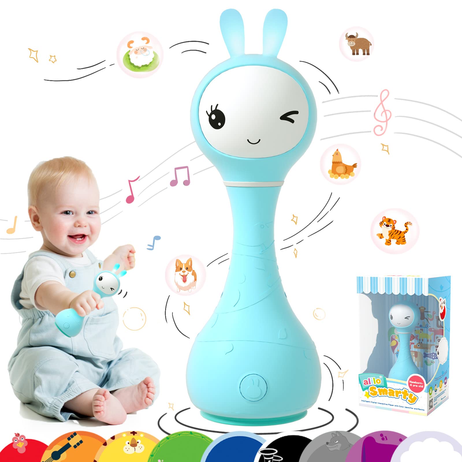 alilo Bunny Smart Baby Rattle Toys Teether Light-Up Rattles Music Stories Lullabies All-in-one - Encourage Developmental Milestones 0-24 Months for Babies Infants Newborns (Smarty Bunny, Blue)