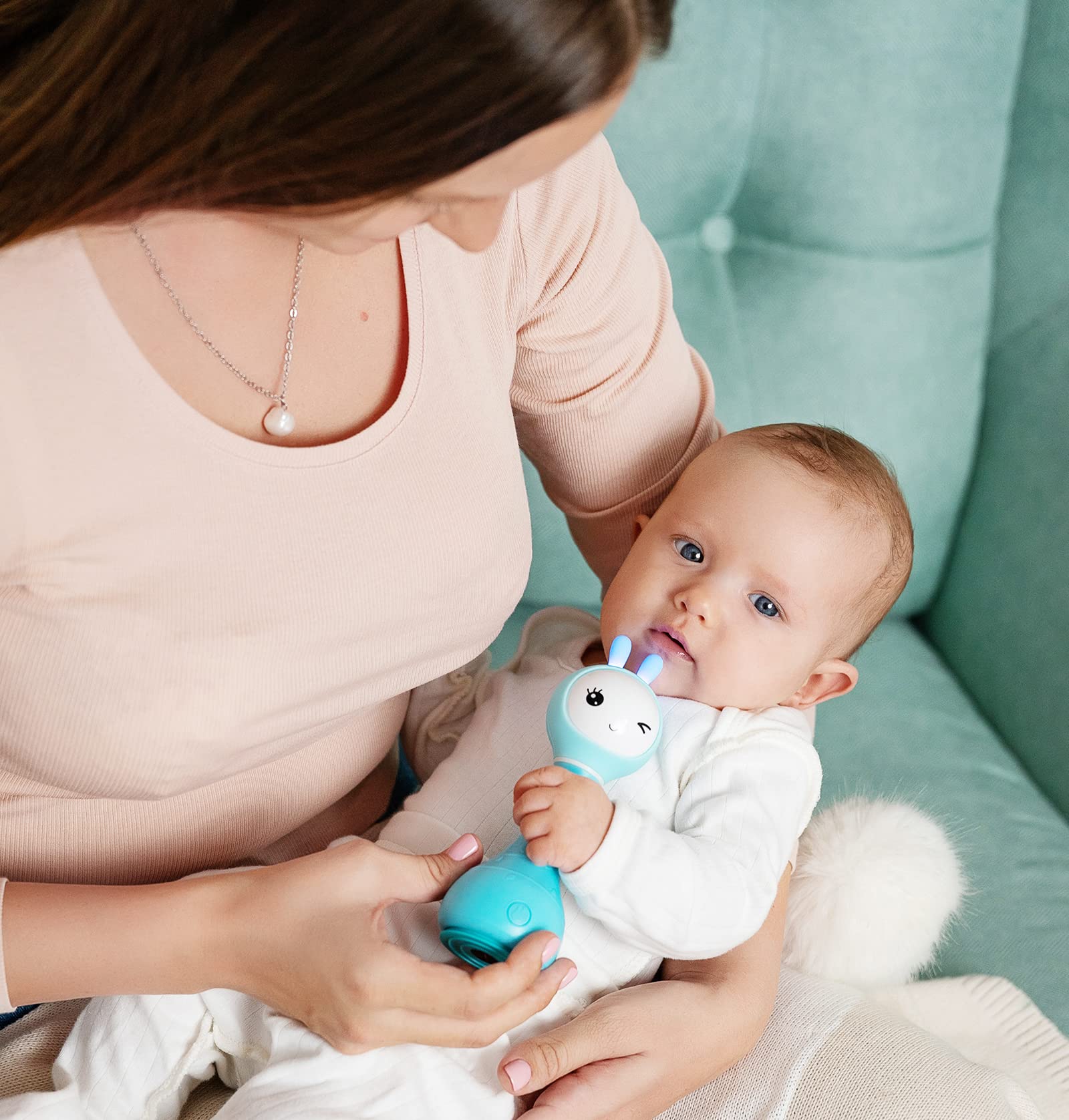 alilo Bunny Smart Baby Rattle Toys Teether Light-Up Rattles Music Stories Lullabies All-in-one - Encourage Developmental Milestones 0-24 Months for Babies Infants Newborns (Smarty Bunny, Blue)