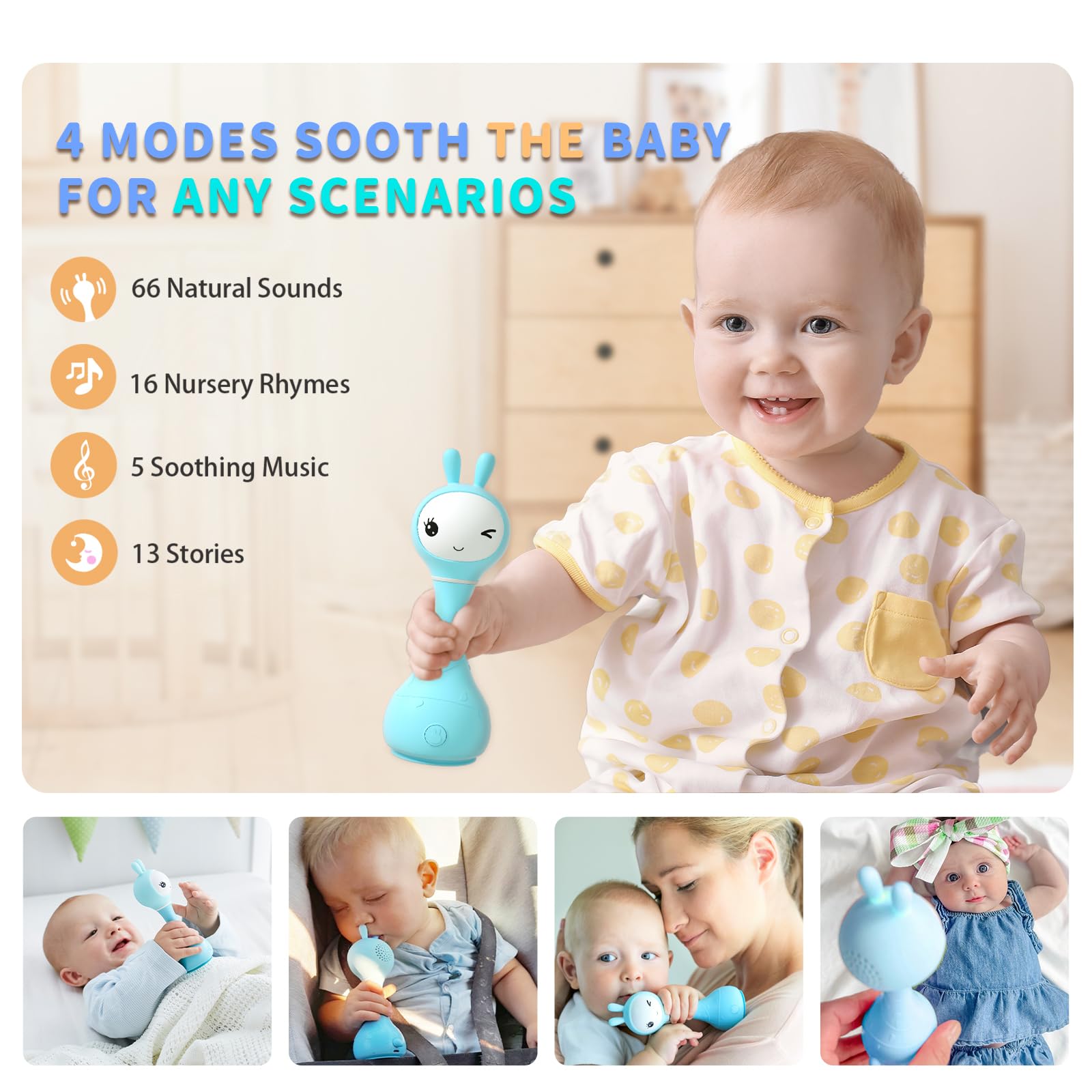 alilo Bunny Smart Baby Rattle Toys Teether Light-Up Rattles Music Stories Lullabies All-in-one - Encourage Developmental Milestones 0-24 Months for Babies Infants Newborns (Smarty Bunny, Blue)