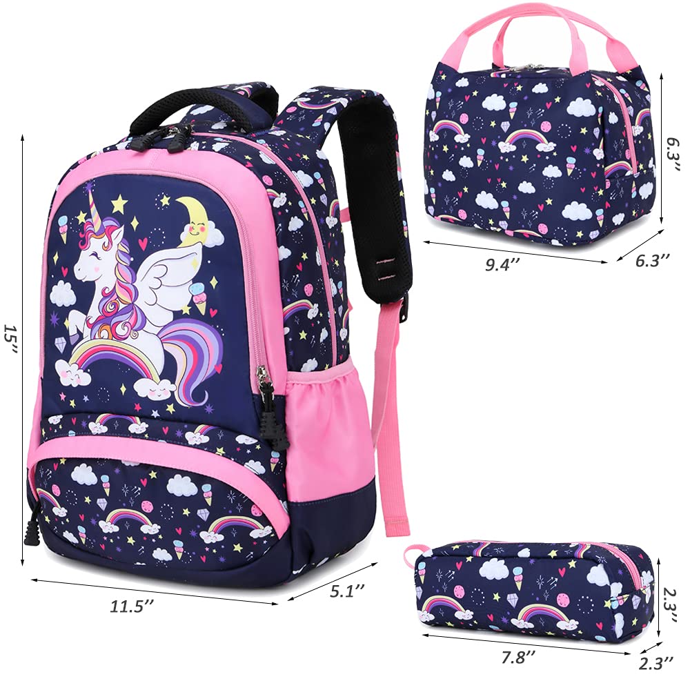 Meisohua Unicorn School Backpack for Girls Cartoon Backpack for Kids School Bag 3pcs Sets with Lunch and Pencil Bag