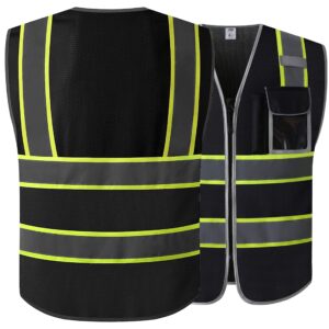 JKSafety 3 Pockets High Visibility Zipper Front Safety Vest MESH Lite | Black with Dual Tone High Reflective Strips | Meets ANSI/ISEA Standards (99-Black, X-Large)