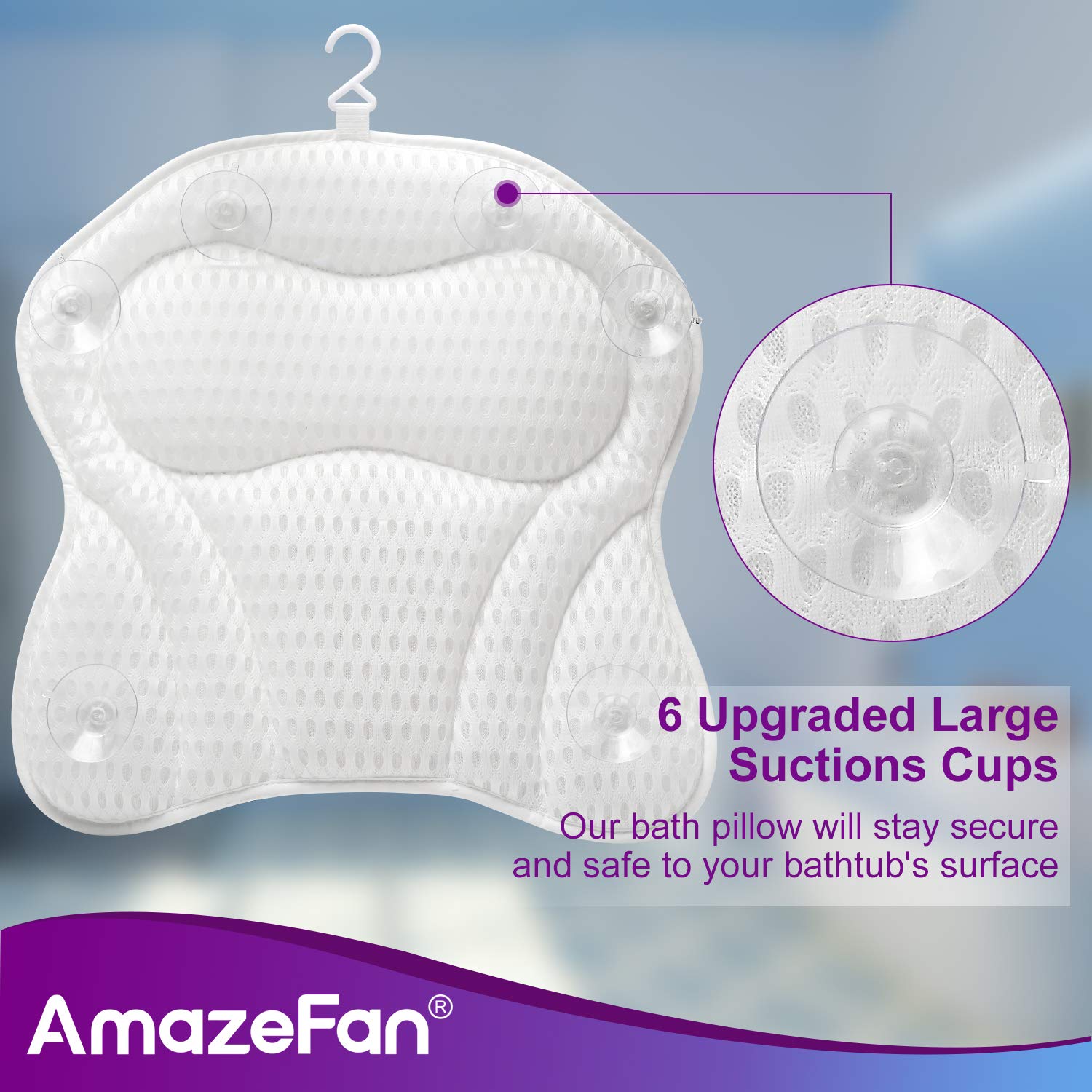 AmazeFan Luxury Bath Pillow, Ergonomic Bathtub Spa Pillow with 4D Air Mesh Technology and 6 Suction Cups, Helps Support Head, Back, Shoulder and Neck, Fits All Bathtub, Hot Tub and Home Spa(US Patent)