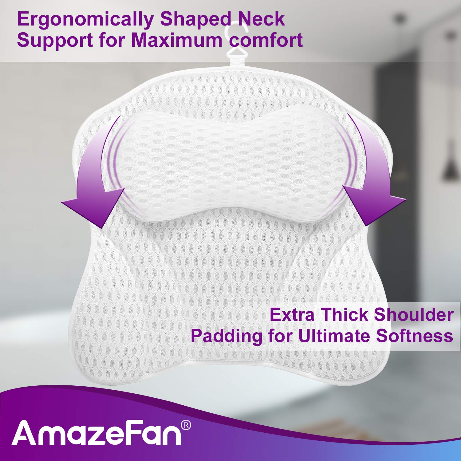 AmazeFan Luxury Bath Pillow, Ergonomic Bathtub Spa Pillow with 4D Air Mesh Technology and 6 Suction Cups, Helps Support Head, Back, Shoulder and Neck, Fits All Bathtub, Hot Tub and Home Spa(US Patent)