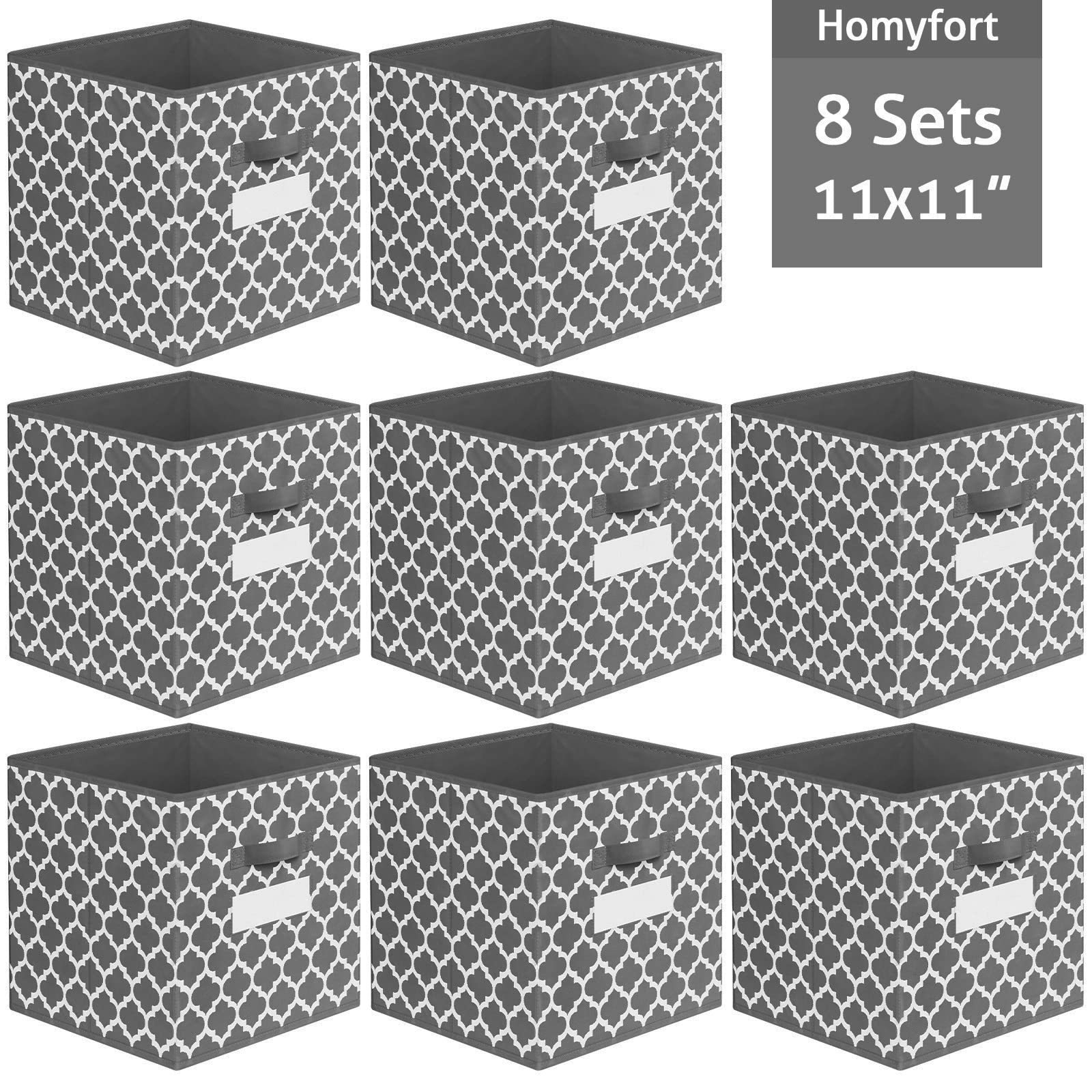 homyfort Foldable Storage Cube Bins 11x11 inches, Fabric Storage Bin Baskets Box Organizer with Labels and Dual Plastic Handles for Shelf Closet, Nursery, Set of 8 Grey