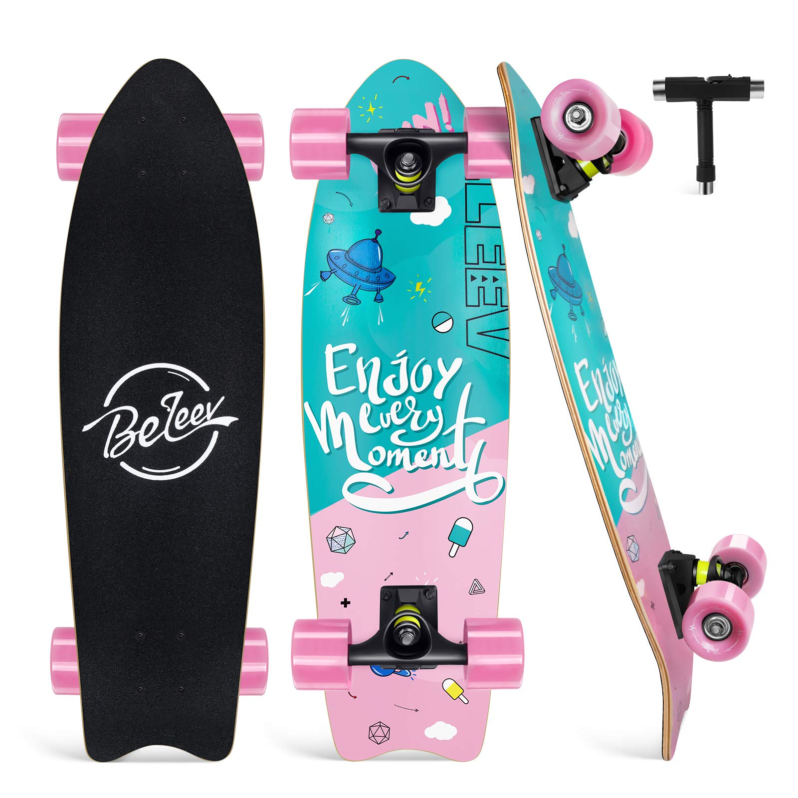 BELEEV Cruiser Skateboards for Beginners, 27 Inch Complete Skateboard for Kids Ages 3-12, Teens Adults, 7 Ply Canadian Maple Double Kick Deck Concave Trick Skateboard (Pink)