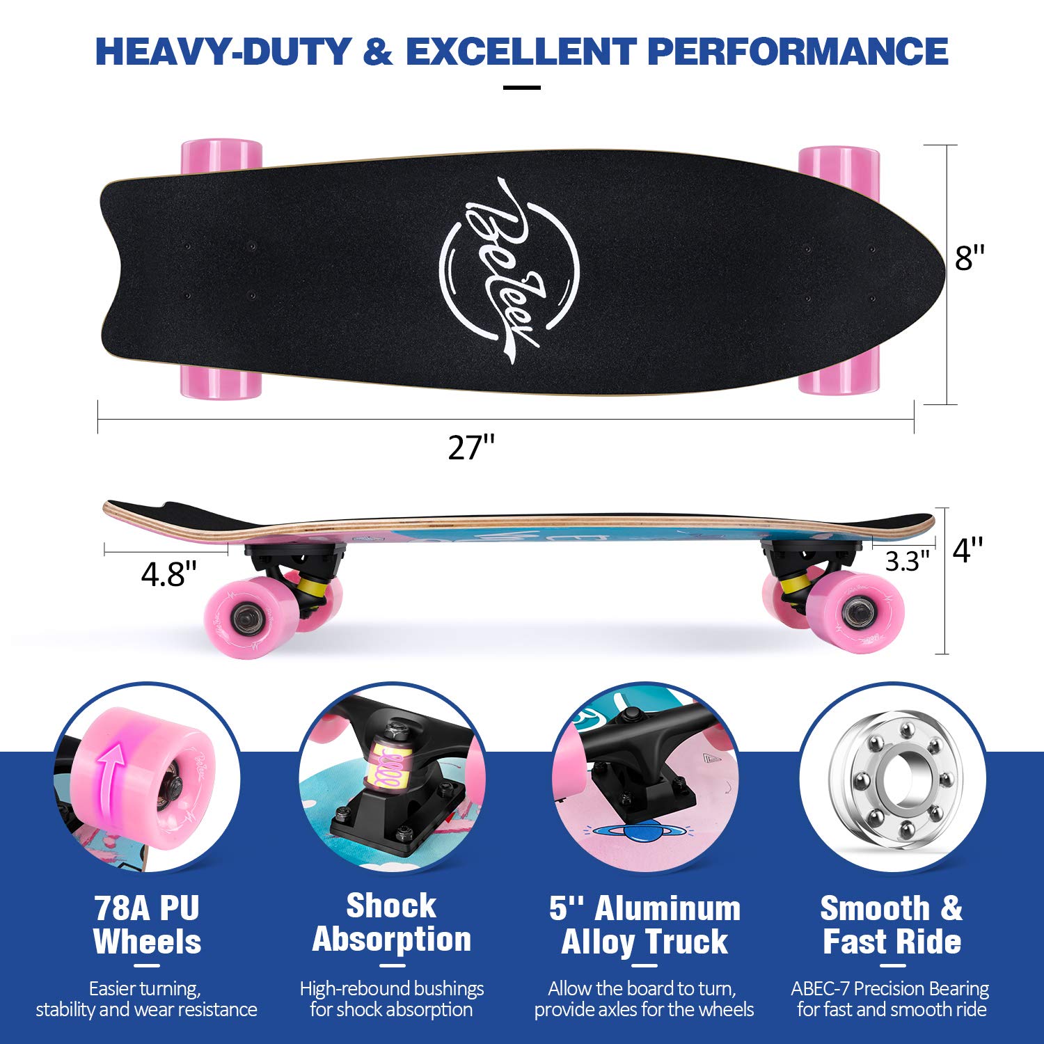 BELEEV Cruiser Skateboards for Beginners, 27 Inch Complete Skateboard for Kids Ages 3-12, Teens Adults, 7 Ply Canadian Maple Double Kick Deck Concave Trick Skateboard (Pink)