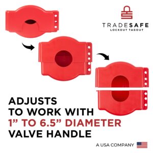 TRADESAFE Gate Valve Lockout - Red Valve Lockout Device, Lockout Tagout Valve Adjustable for 1 inch to 6-1/2 inch Diameter Valve Handles, Industrial Grade Polypropylene