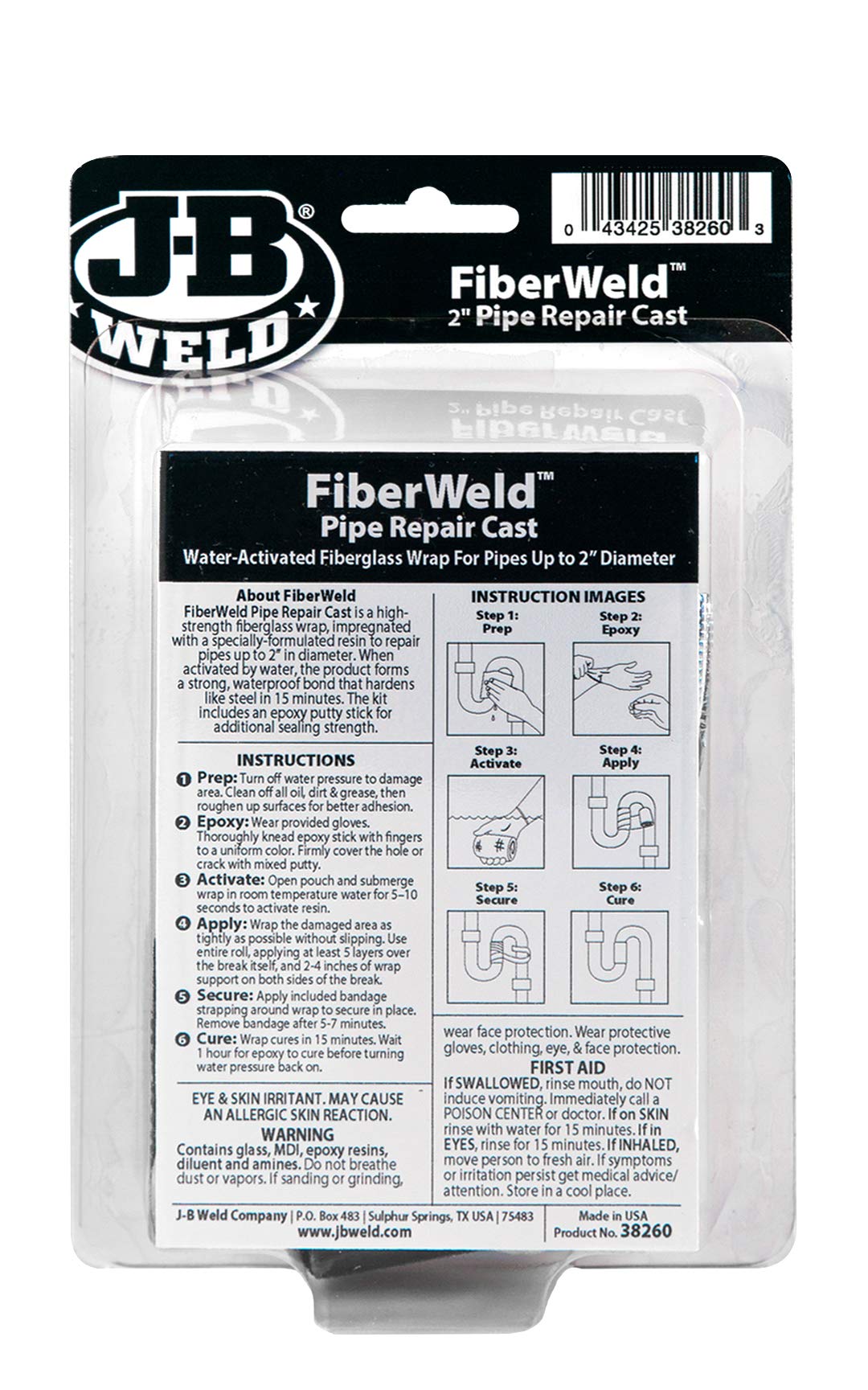 J-B Weld FiberWeld 2” Pipe Repair Cast 2x60 Inch - High Strength Adhesive Fiberglass Wrap - White (38260)