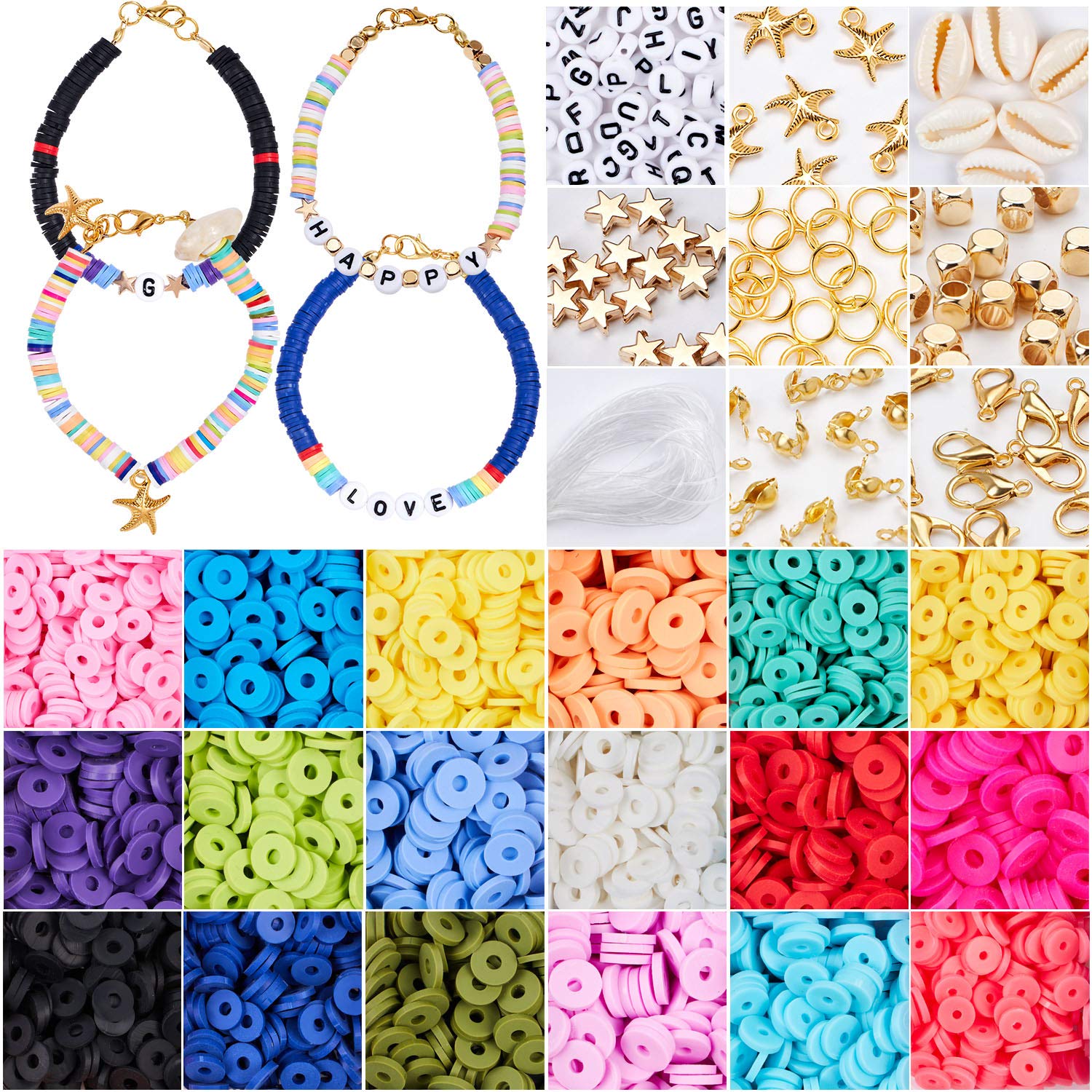 GOLRAY 4800 Pcs Flat Round Polymer Clay Spacer Beads for Jewelry Making Bracelets Necklace Earring DIY Craft Kit with Pendant and Jump Rings - Creat 30-40 Pack Bracelets (6mm 18 Colors Beads)