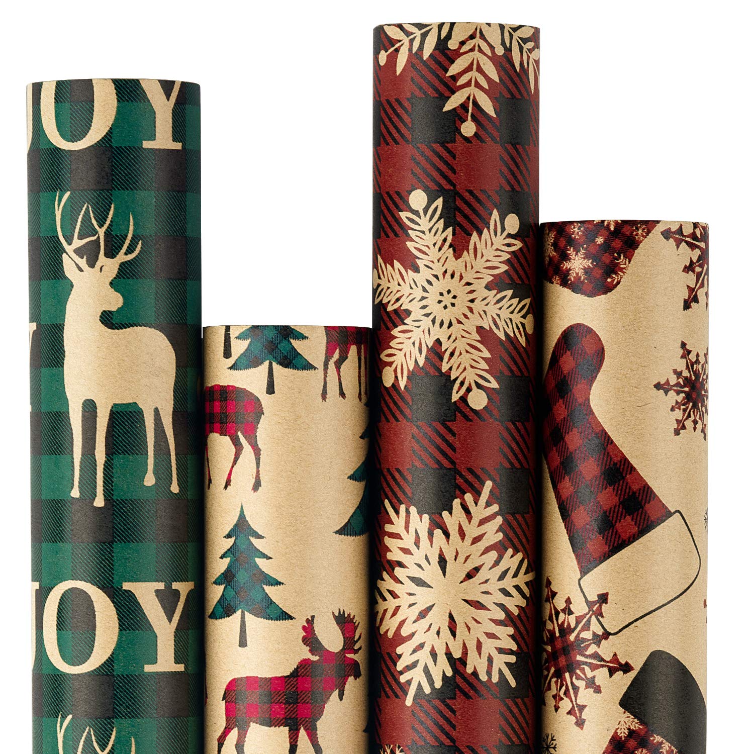 RUSPEPA Christmas Wrapping Paper, Kraft Paper - Red and Green Plaids Style Designs - 4 Rolls - 30 inches x 10 feet per Roll