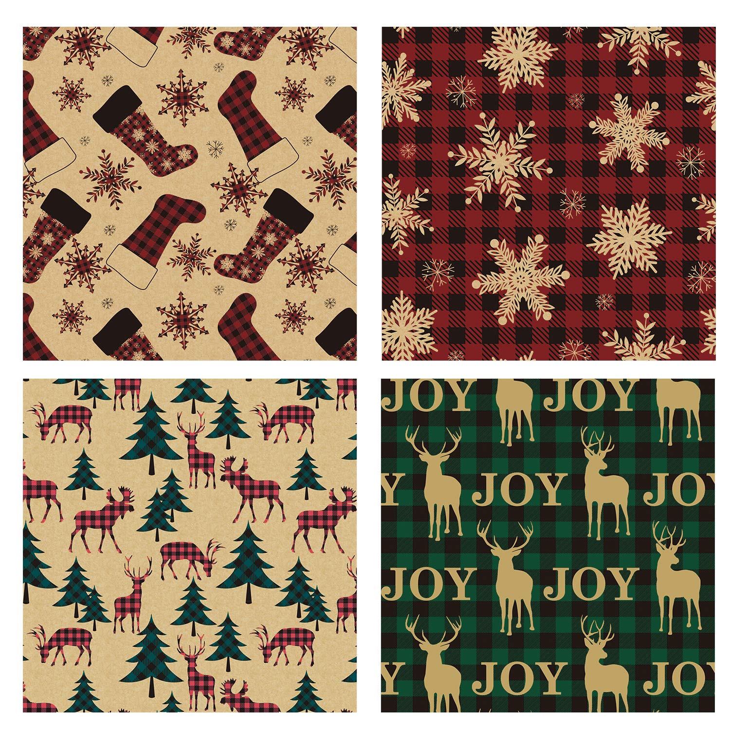 RUSPEPA Christmas Wrapping Paper, Kraft Paper - Red and Green Plaids Style Designs - 4 Rolls - 30 inches x 10 feet per Roll