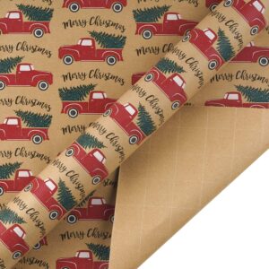 ruspepa wrapping paper, kraft paper - snowflakes, car and christmas tree, stripes and merry christmas - 4 rolls - 30 inches x 10 feet per roll