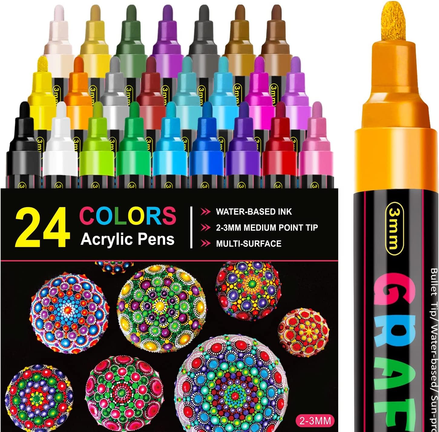 Emooqi Acrylic Paint Pens, Set of 24 Colors Paint Markers Pens for Rocks, Craft, Ceramic, Glass, Wood, Fabric, Canvas -Art Crafting Supplies