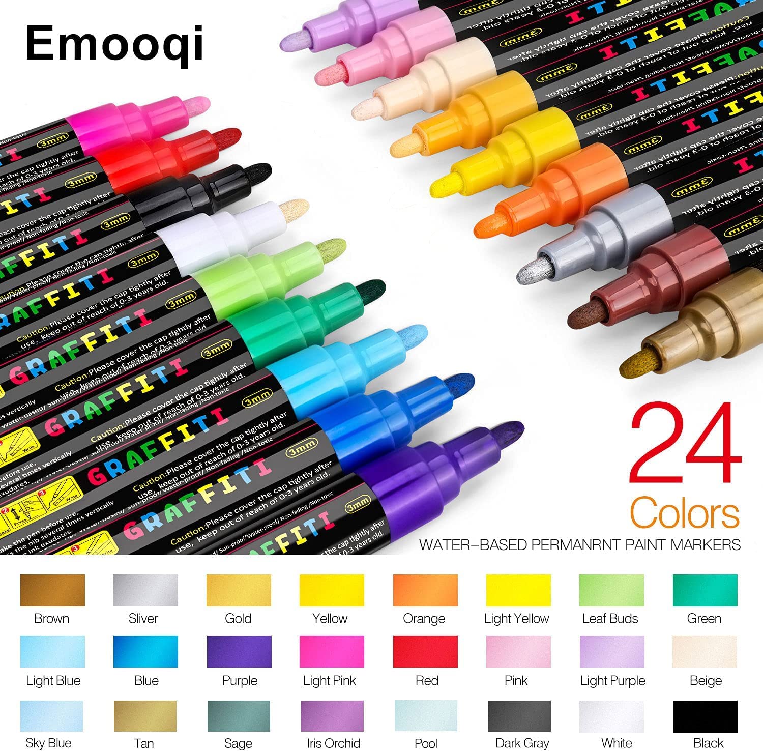 Emooqi Acrylic Paint Pens, Set of 24 Colors Paint Markers Pens for Rocks, Craft, Ceramic, Glass, Wood, Fabric, Canvas -Art Crafting Supplies