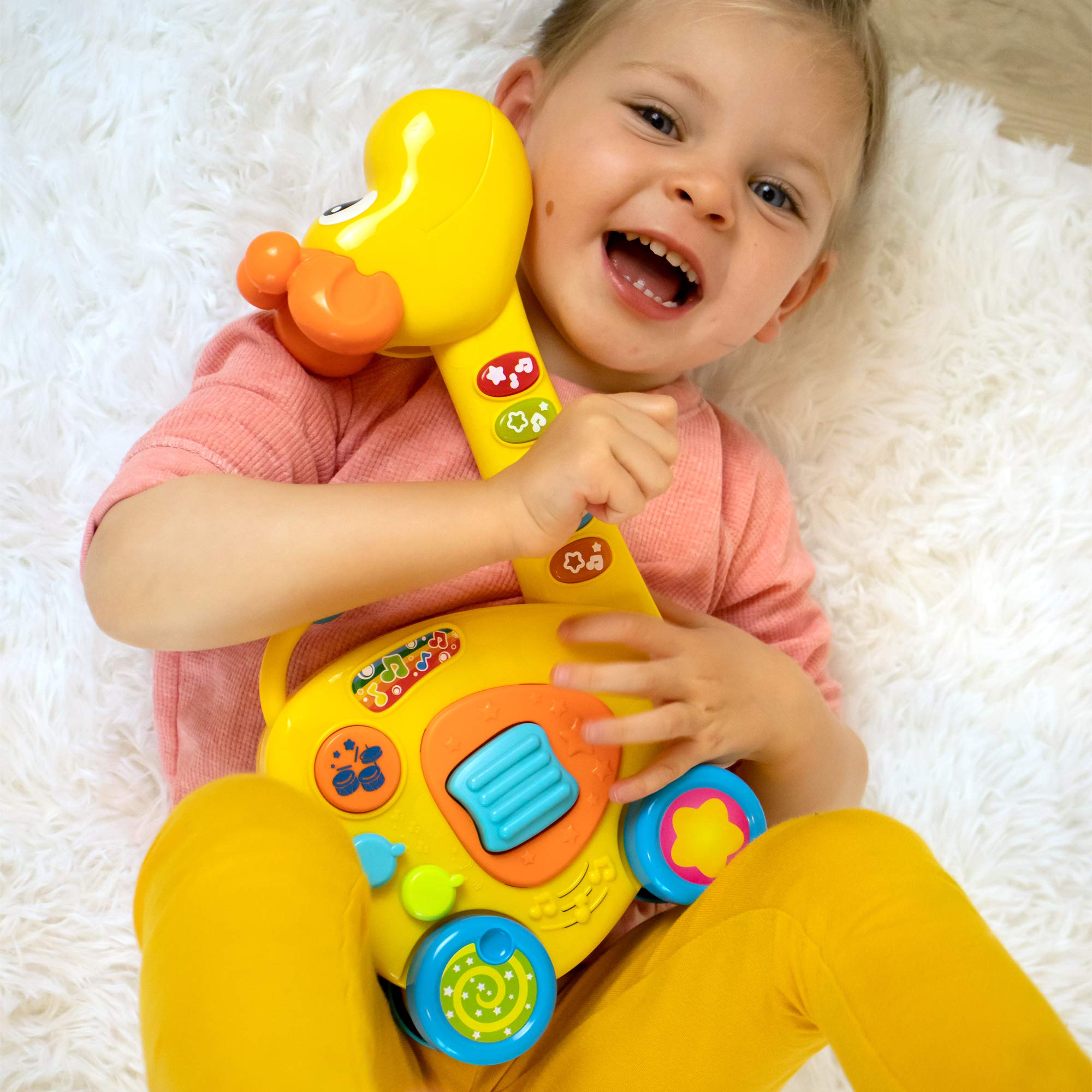 Bambiya 2-in-1 Pull Along Giraffe Toy & Guitar - Baby Musical Guitar Toy for Animal & Music Lover Kids with Multiple Play Modes - Push and Pull Activity Toy - 18 Month Old Toys for Toddlers