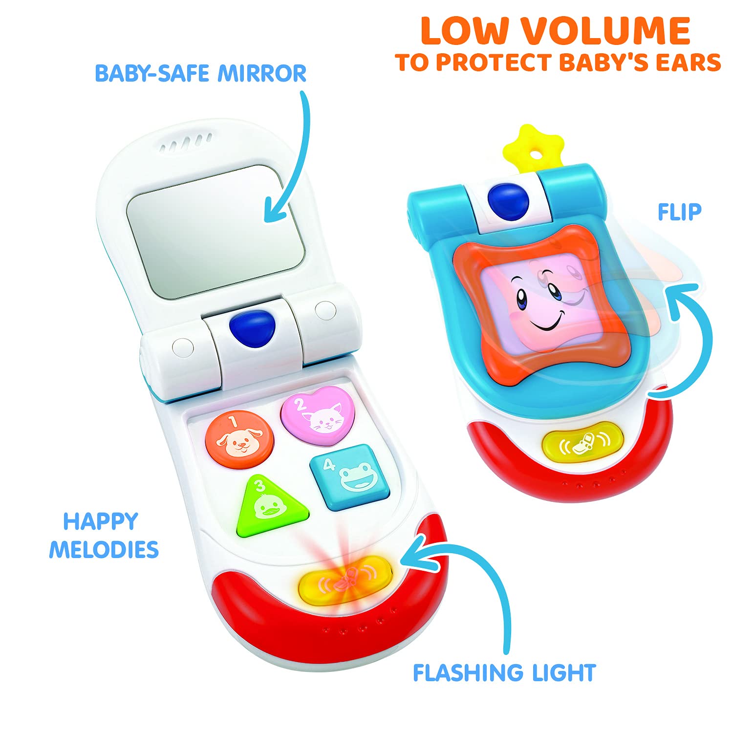 Baby Toy Flip Phone – 4 Interactive Sound and Music Buttons Plus Realistic Ringtone – Includes a Mirror and Fun Light Effects – Smartphone Toy for Babies 3+ Months – ASTM Certified