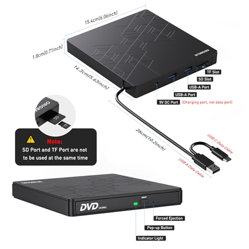 ORIGBELIE External DVD Drive, CD Drive USB 3.0 Typle C CD/DVD ROM +/-RW Adapter with USB Port DVD Burner for Laptop PC Desktop Computer, Optical Disk Drive CD Player Compatible with Mac Windows Linux